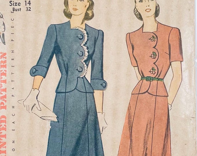 1940s Dress, Suit Pattern Women, 2 Piece Dress, Jacket and Skirt, Short ...