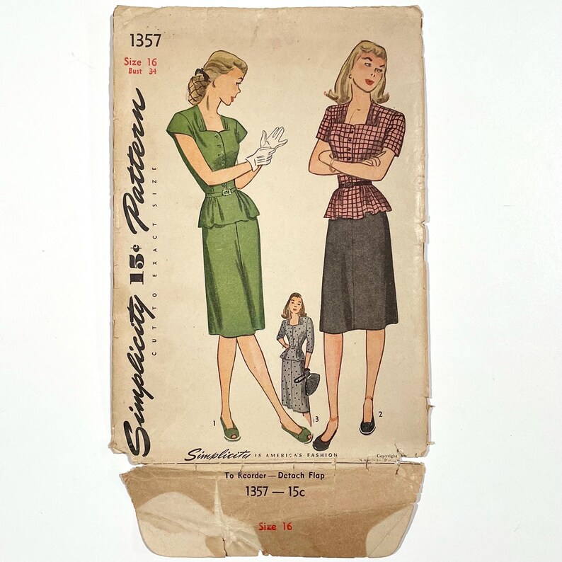 1940s Peplum Suit Dress Pattern: Simplicity 1357, Bust 34 - Etsy