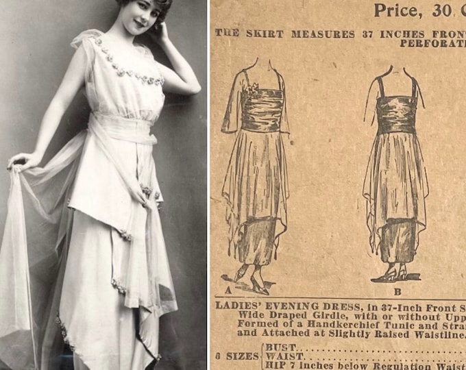 B-38, 1910s Sewing Pattern, Dress, Evening Dress, Handkerchief Hem ...