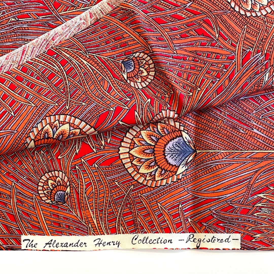 4 Yds Alexander Henry Art Deco Peacock Feather Print Cotton Red, Orange ...