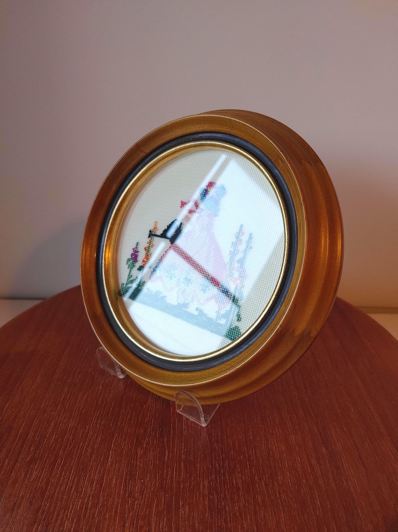 Vintage Round Wood Gilt Framed Petit Point Girl Watering Flowers in ...