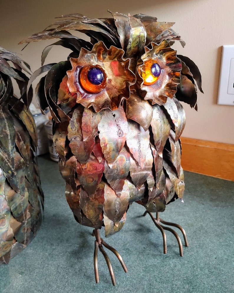 MCM XL 12" Brutalist Torch Cut Copper and Brass Owl Sculpture With ...