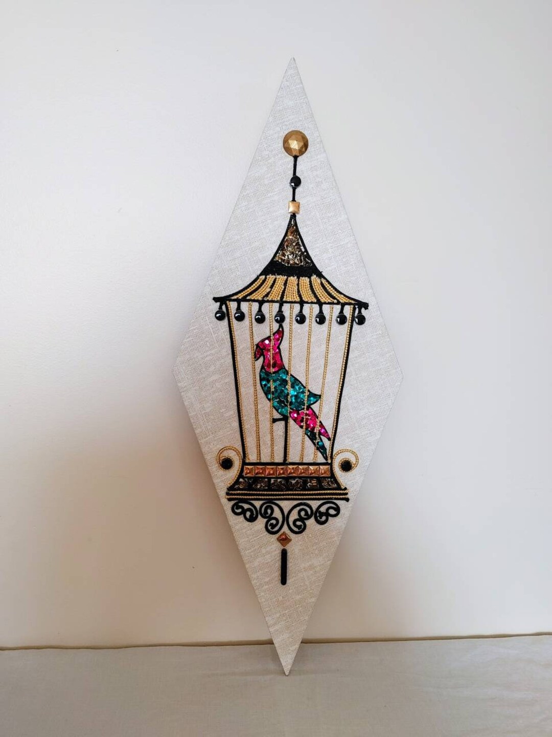 MCM Sequin and String Art Bird in a Cage - Etsy