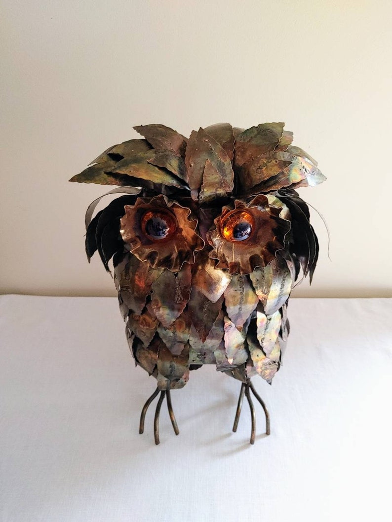 MCM XL 12" Brutalist Torch Cut Copper and Brass Owl Sculpture With ...