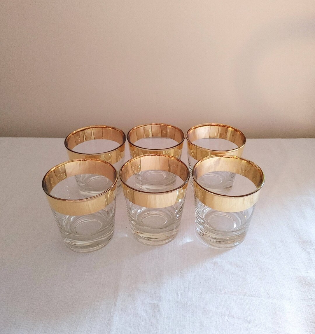 MCM Tapered Gold Rimmed Low Ball Whiskey Glasses Set of 6 With Weighted ...
