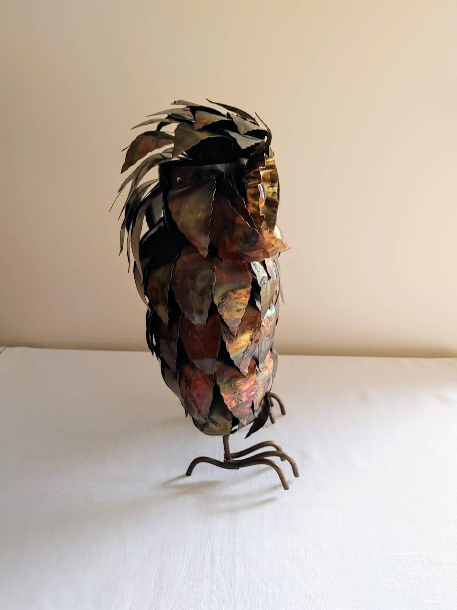 MCM XL 12" Brutalist Torch Cut Copper and Brass Owl Sculpture With ...