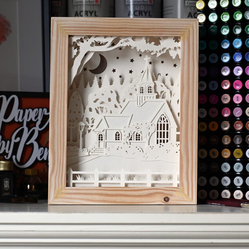 Evening Church Paper Cut Light Box Template 3D Papercut Shadow Layered ...