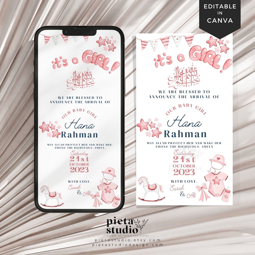 Muslim Baby Girl Birth Announcement Digital, Muslim Newborn Card Canva ...
