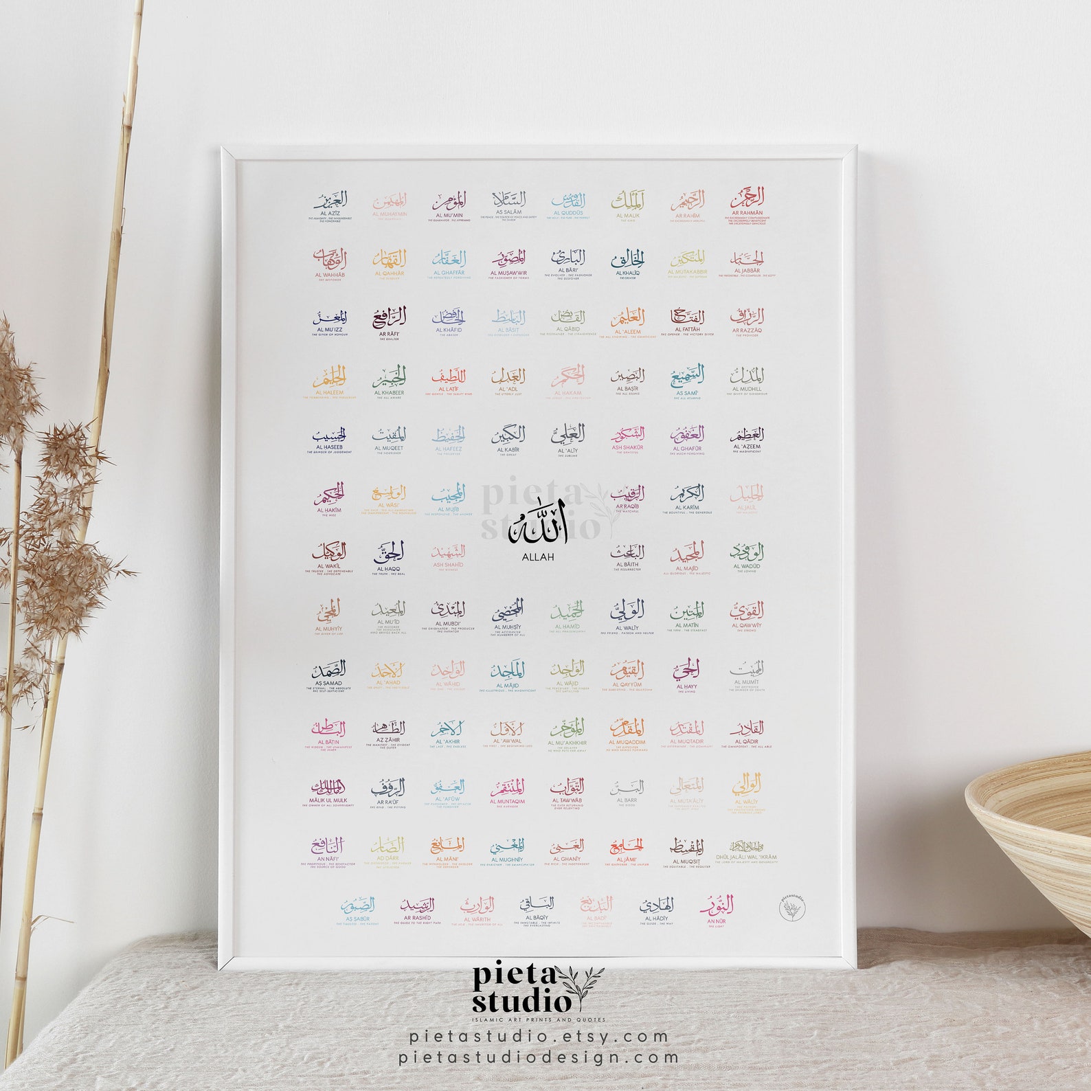 Colorful 99 Names of Allah With Meaning, Calligraphy Wall Art, Asmaul ...