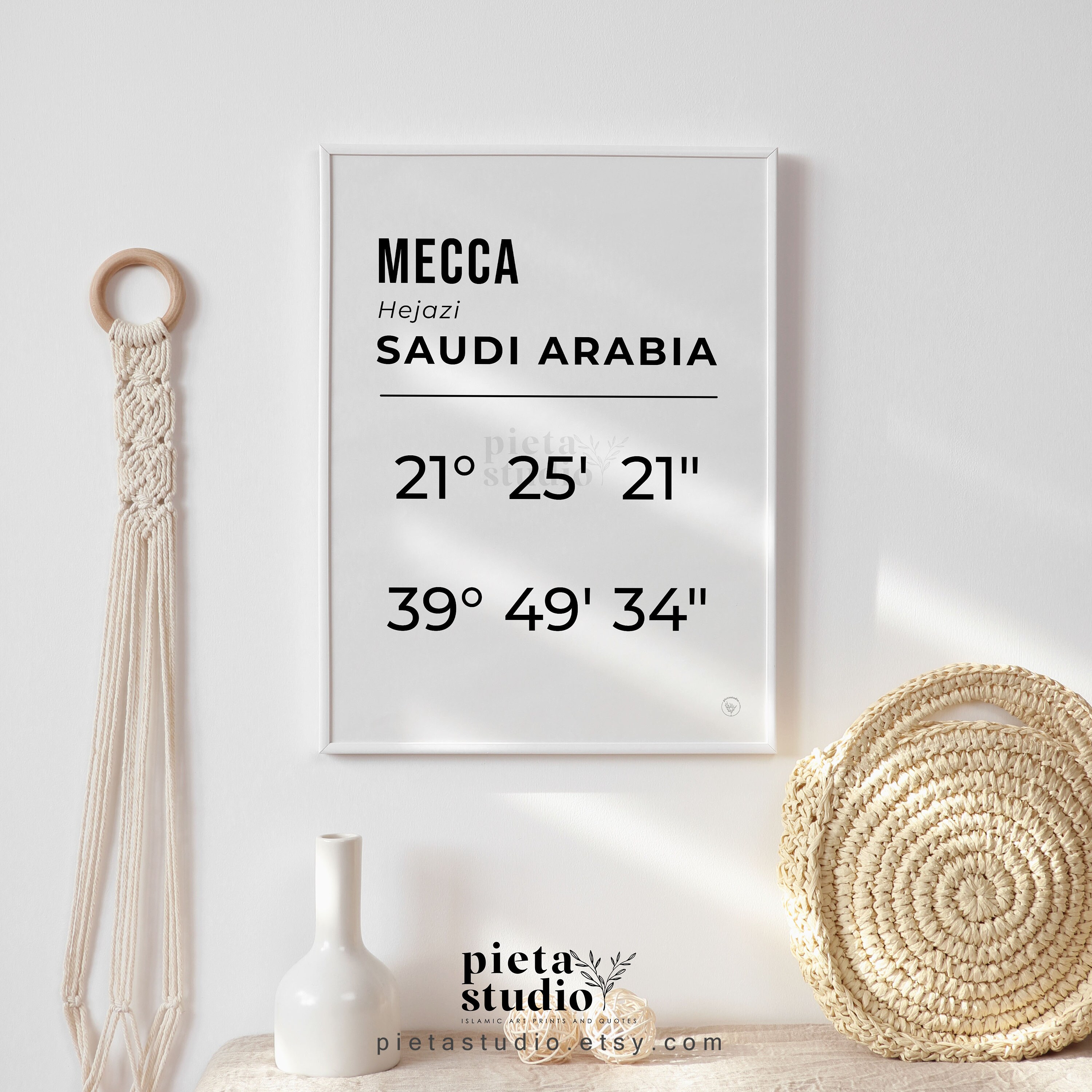 Mecca Poster Map Coordinates Print Digital, Holy Makkah Wall Art ...