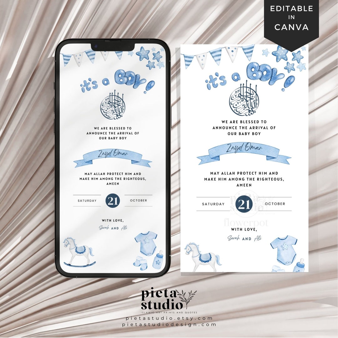 Islamic Birth Announcement Template Boy, Muslim Baby Announcement ...