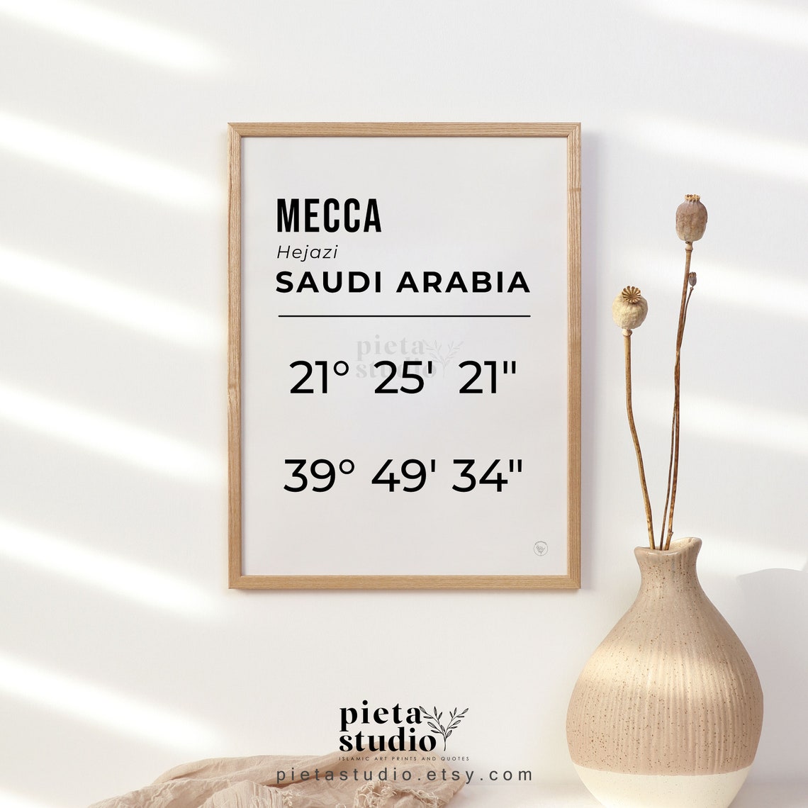 Mecca Poster Map Coordinates Print Digital, Holy Makkah Wall Art ...