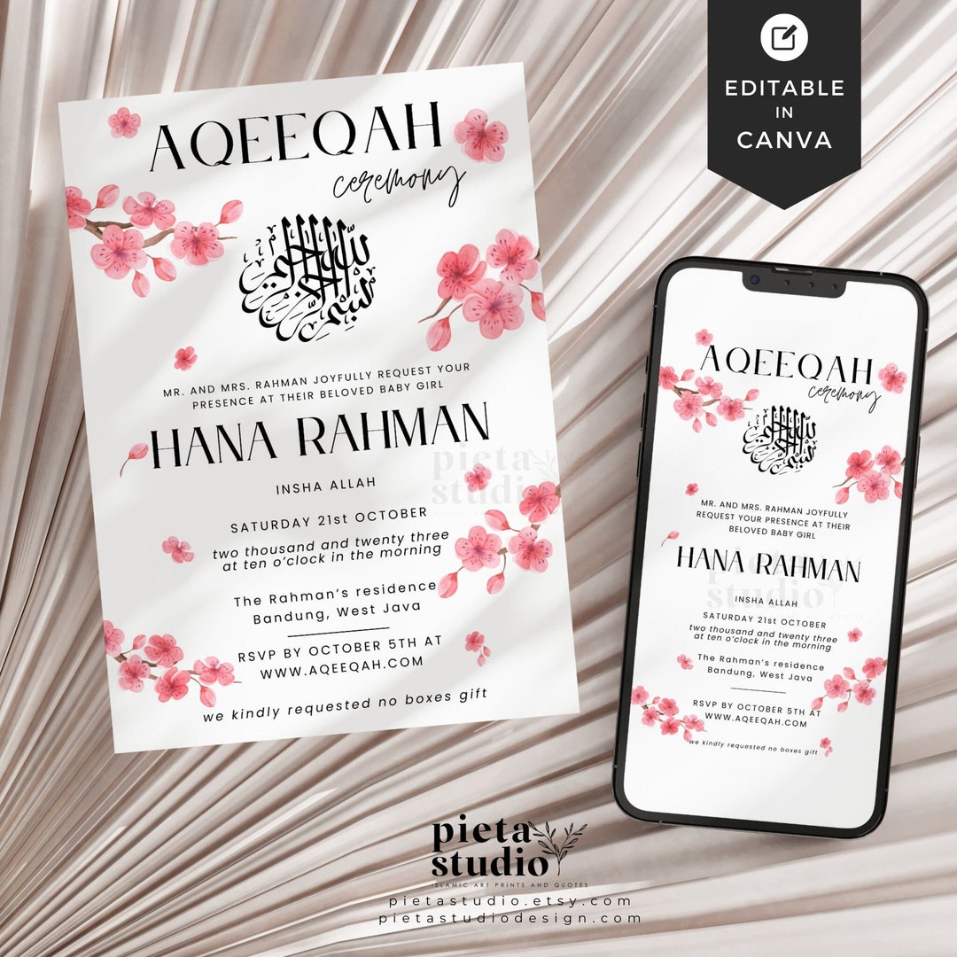 Aqiqah Invitation Digital Template Canva, Editable Aqeeqah Invitation ...