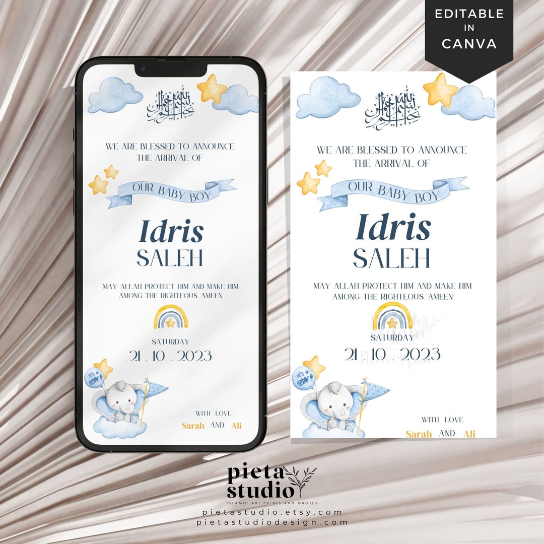 Muslim Baby Announcement Digital Boy, Muslim Newborn Card Canva ...