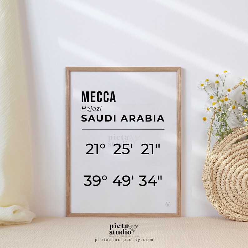 Mecca Poster Map Coordinates Print Digital, Holy Makkah Wall Art ...