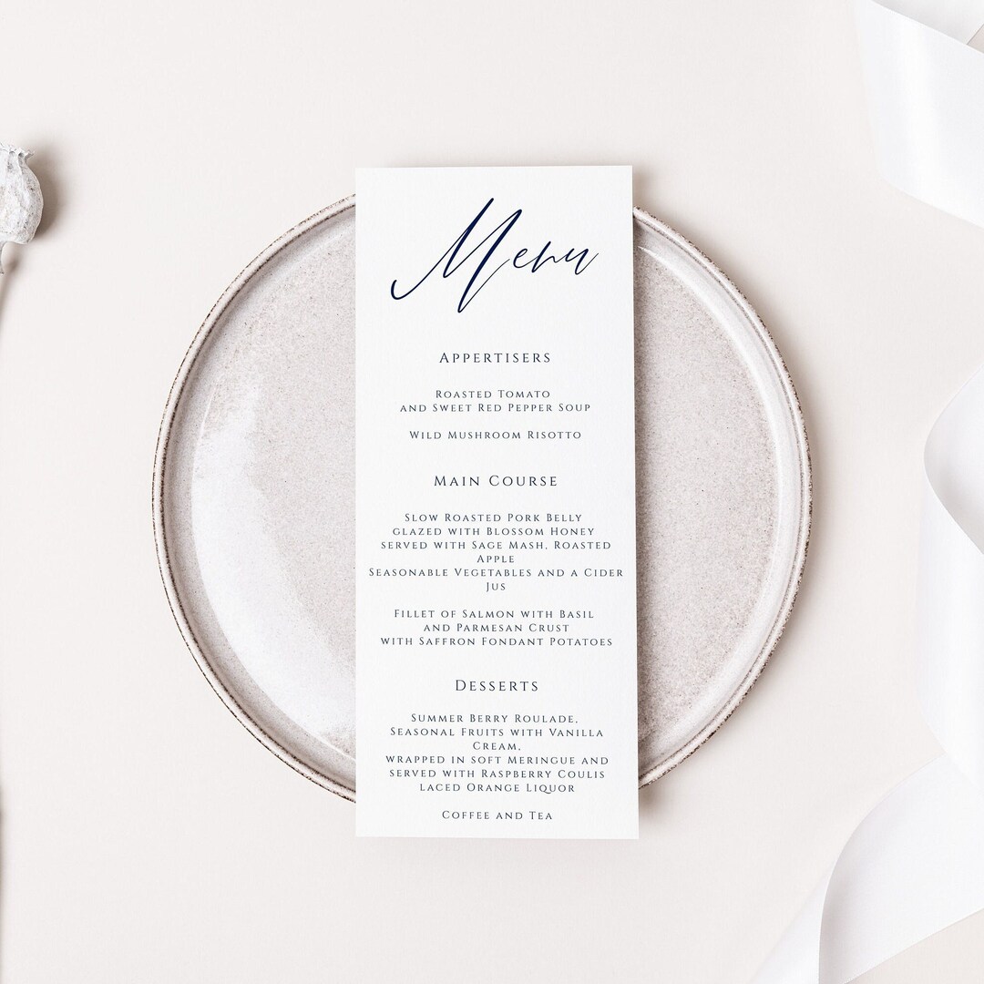 Navy Wedding Menu Template Formal Dinner Menu Elegant - Etsy