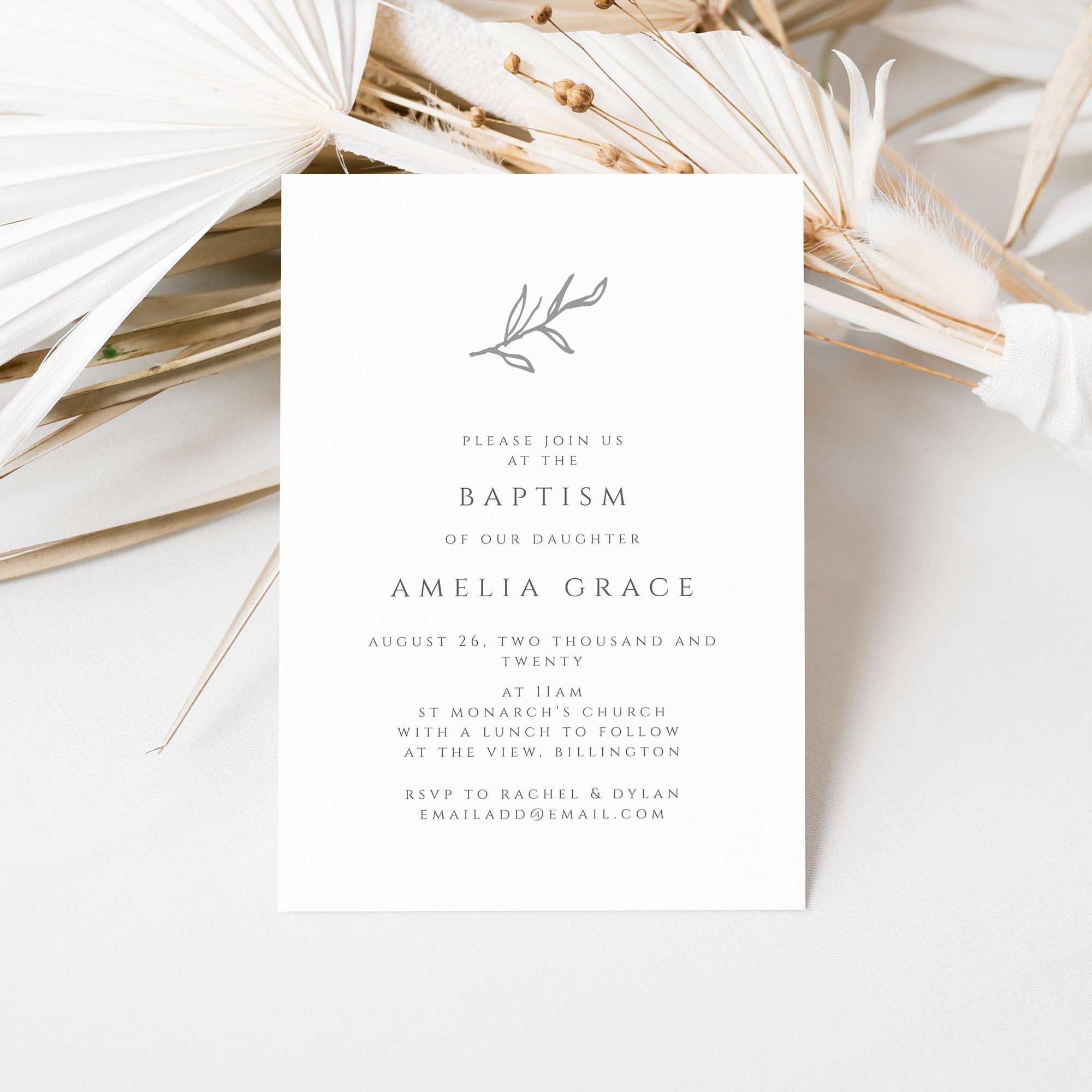Minimalist Branch Baptism Invitation Template, Christening Invitation ...