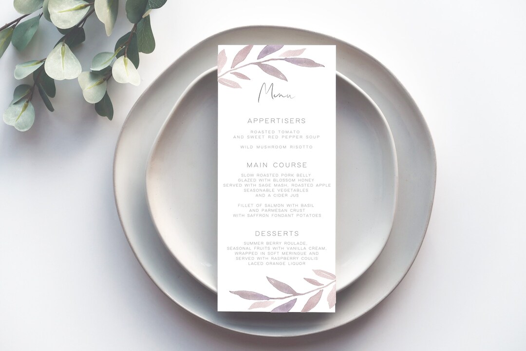 Lilac Leaves Wedding Menu Template, Printable Wedding Menu, 3.75x9 ...