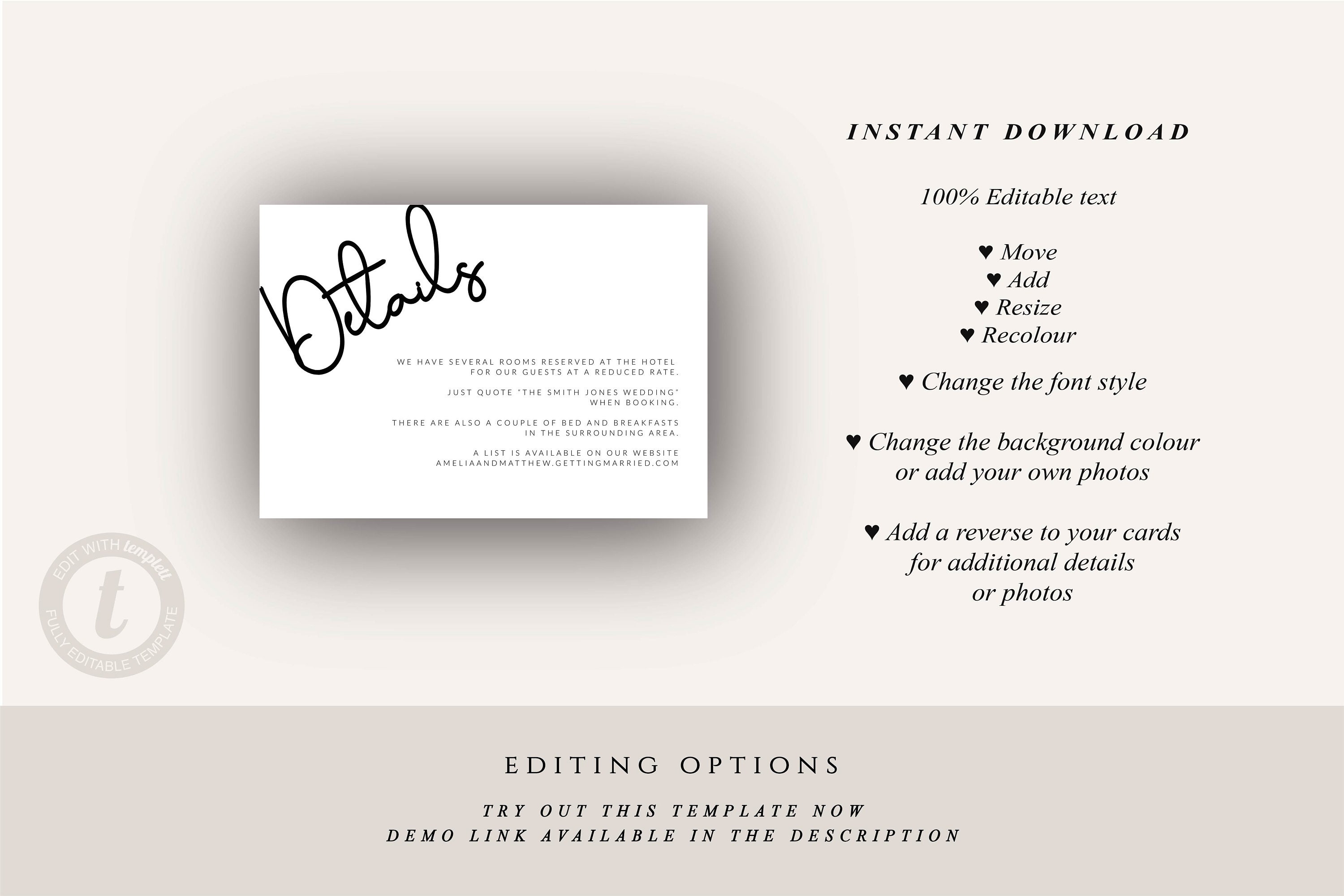 Script Wedding Details Card Template, Modern Invitation Enclosure ...