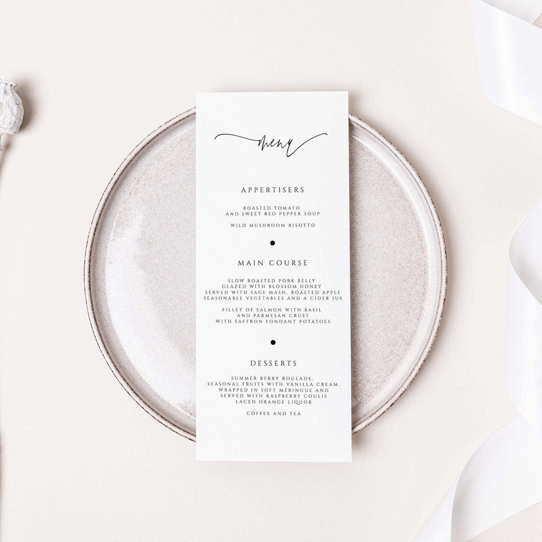 Minimalist Wedding Menu Template, Elegant Dinner Party Menu, Simple ...