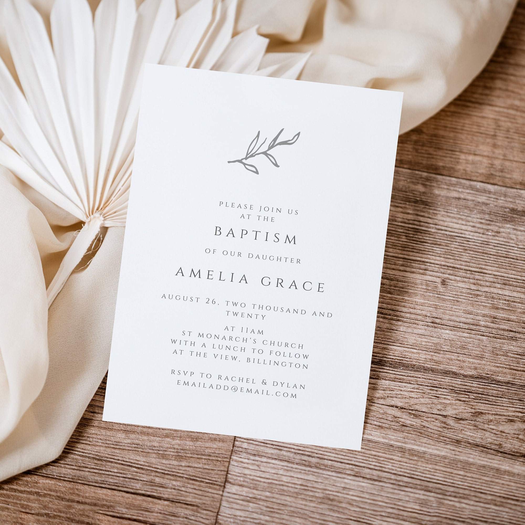 Minimalist Branch Baptism Invitation Template, Christening Invitation ...