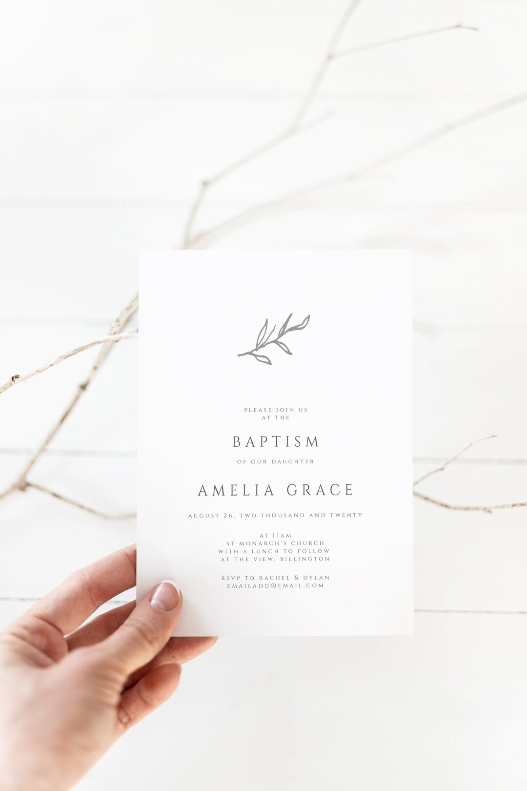 Minimalist Branch Baptism Invitation Template Christening - Etsy UK