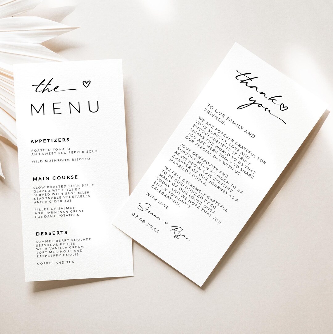 Menu and Thank You Card, Modern Wedding Menu Template, Napkin Note ...