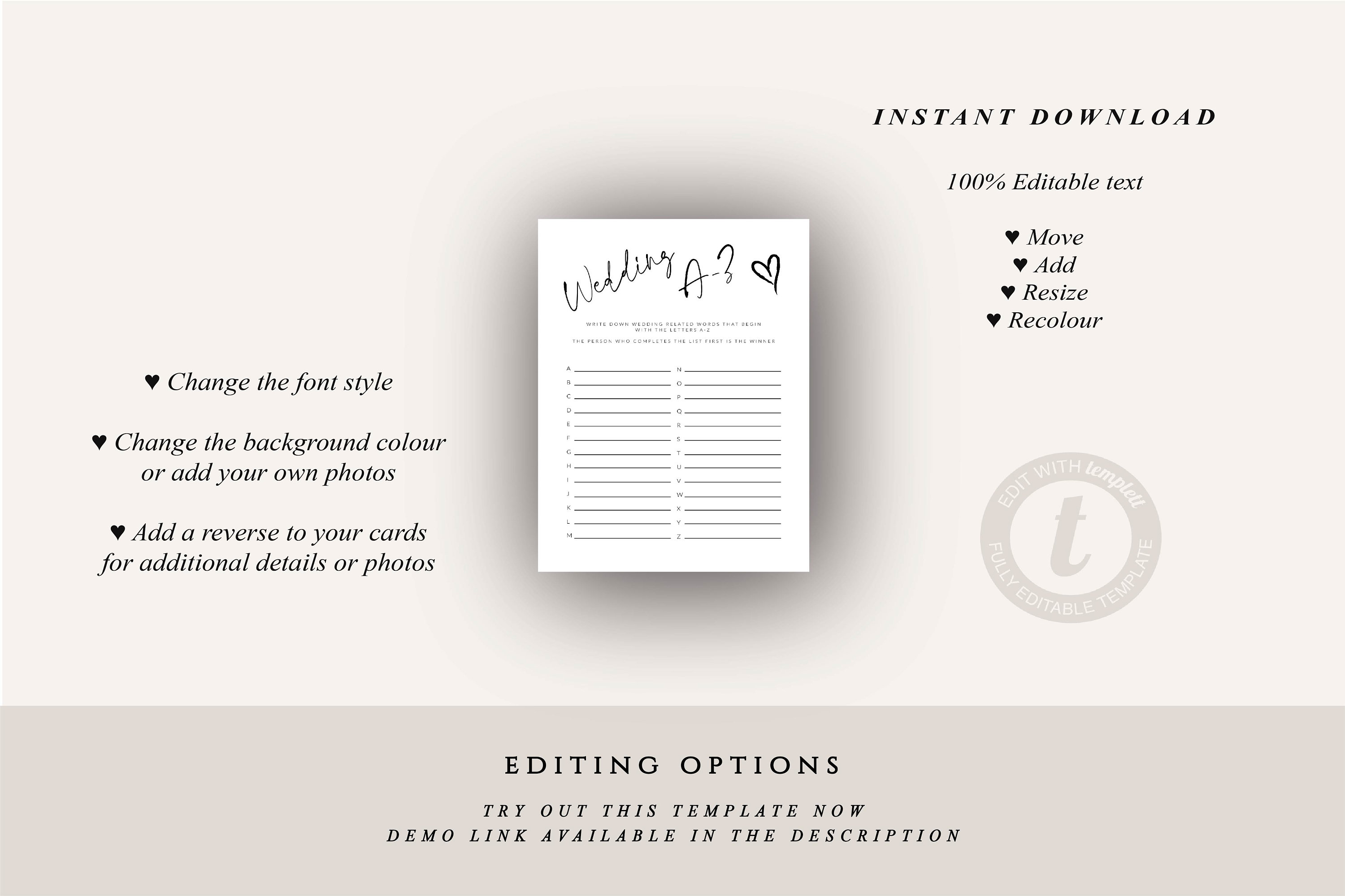 Wedding A-Z Game Template, Alphabet Bridal Shower Game, Bridal Trivia ...