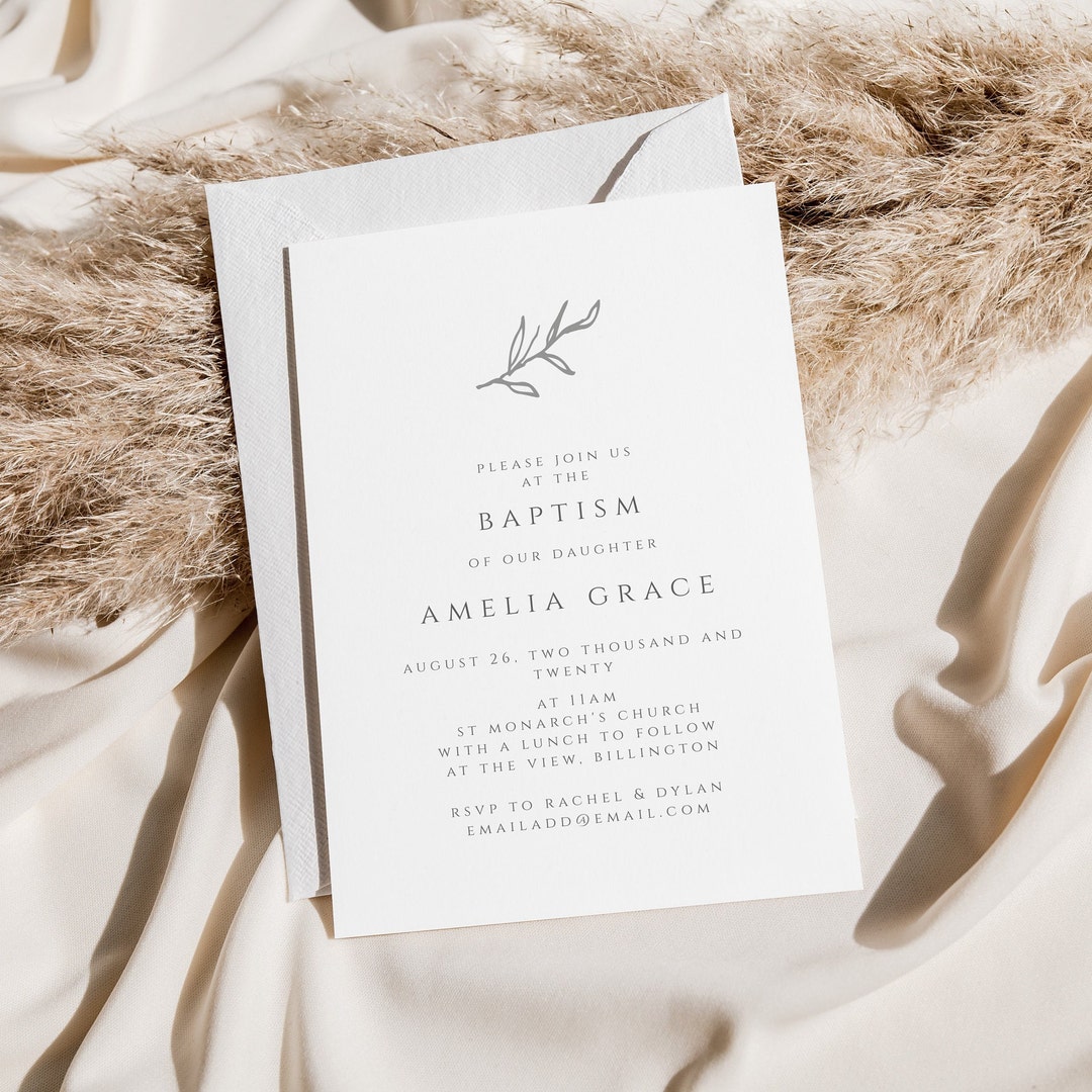 Minimalist Branch Baptism Invitation Template, Christening Invitation ...