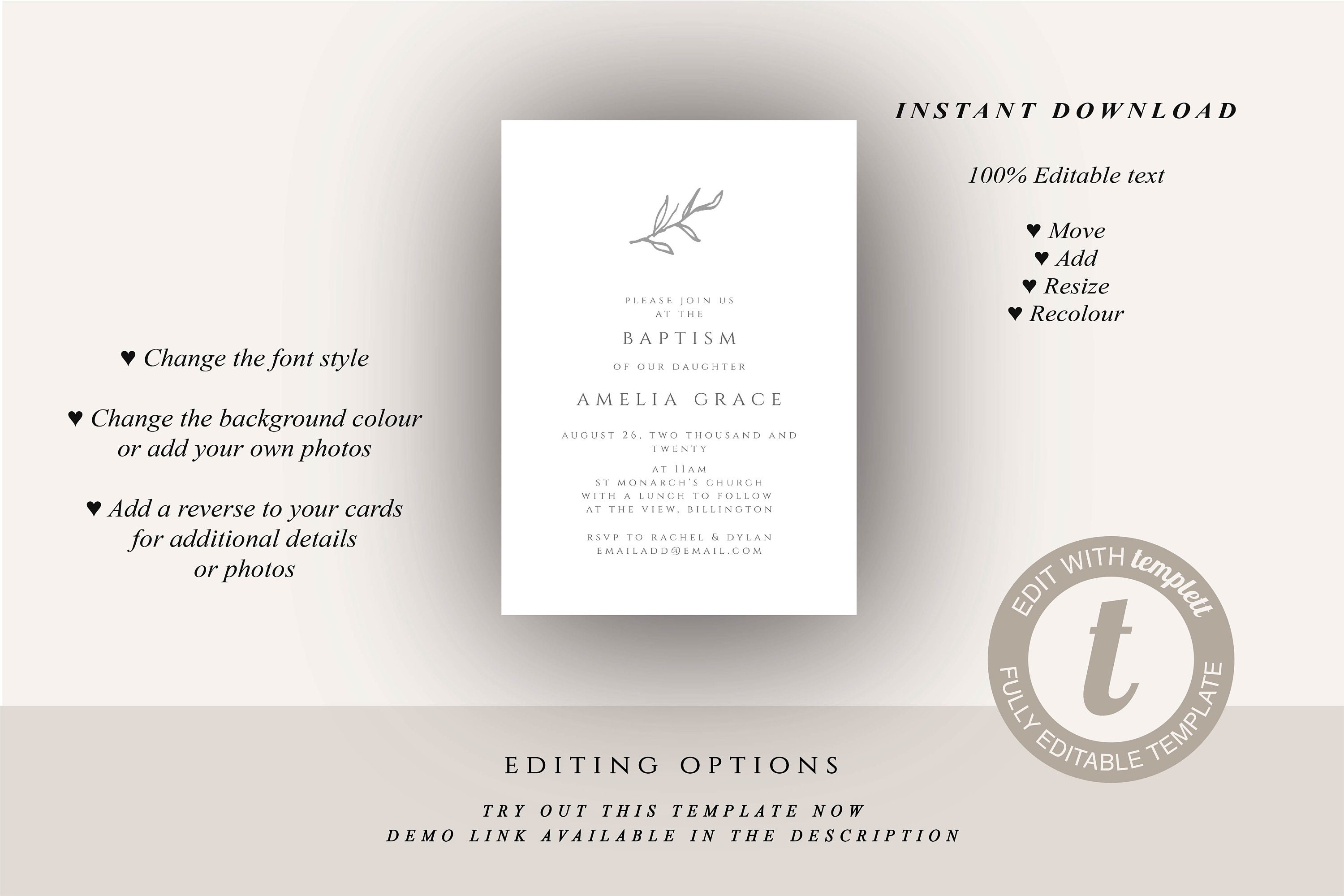 Minimalist Branch Baptism Invitation Template, Christening Invitation, 100% Editable Text ...