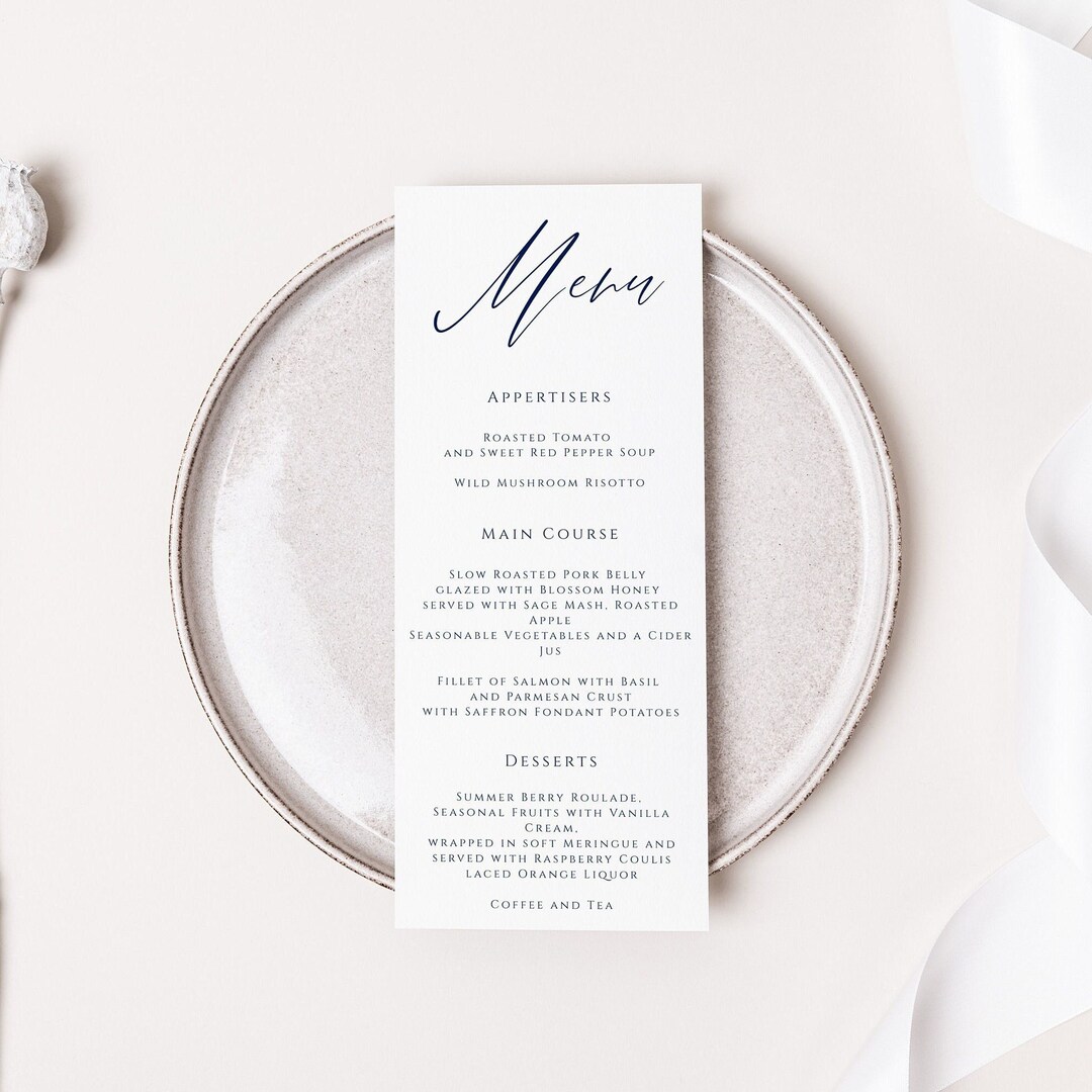 Navy Wedding Menu Template, Formal Dinner Menu, Elegant Reception Menu ...