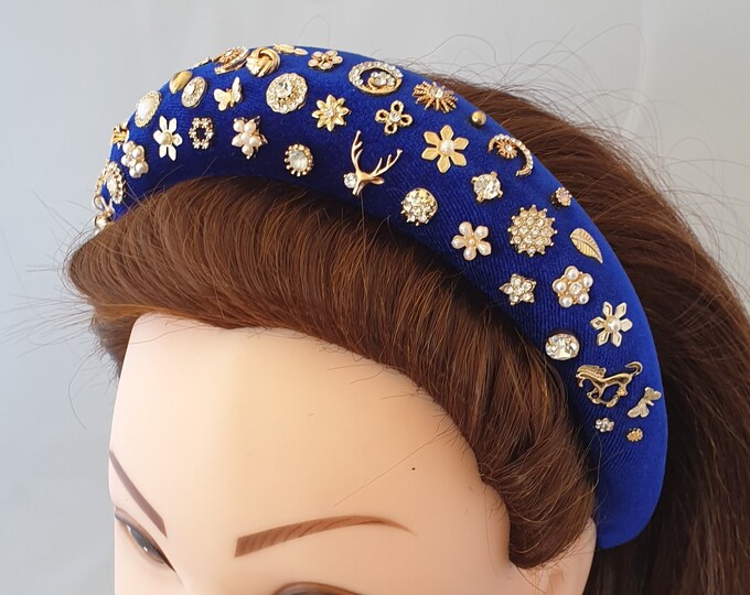 Royal Blue Deeply Padded Puffy Velvet Headband Random Gold Pearl