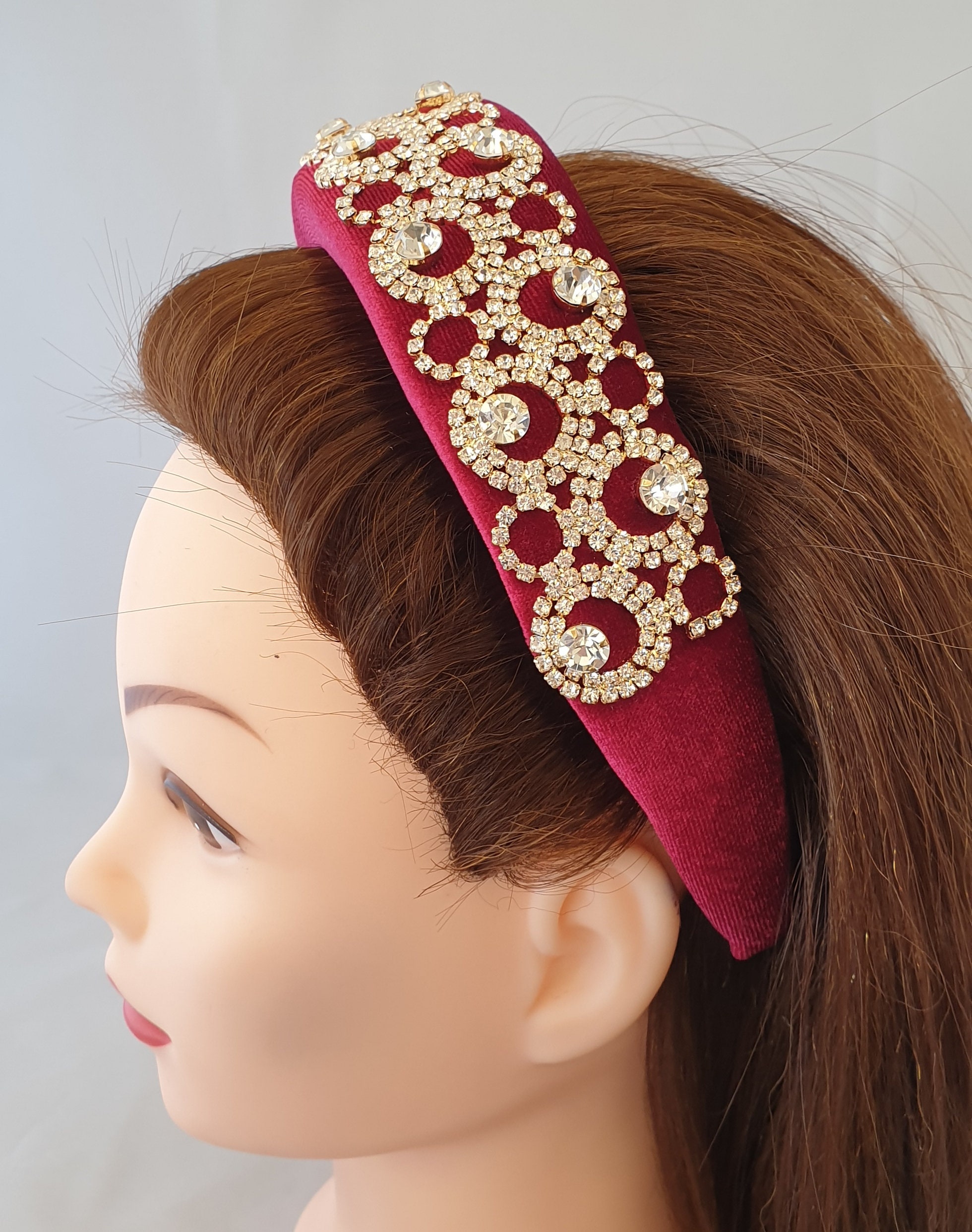 Burgundy / Maroon Padded Velvet Headband Crystal Rhinestone | Etsy