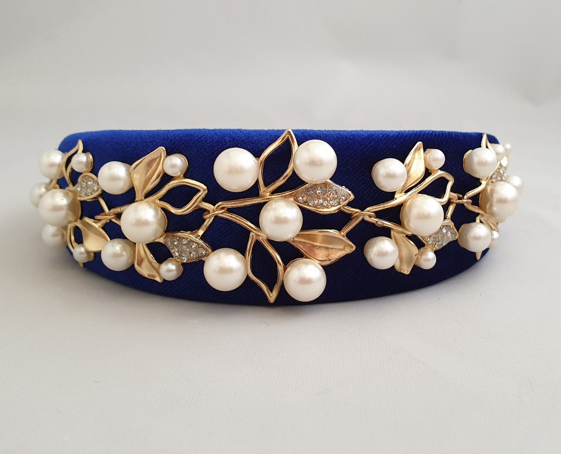 Royal Blue Padded Velvet Headband Crystal Faux Pearl Leaf Etsy