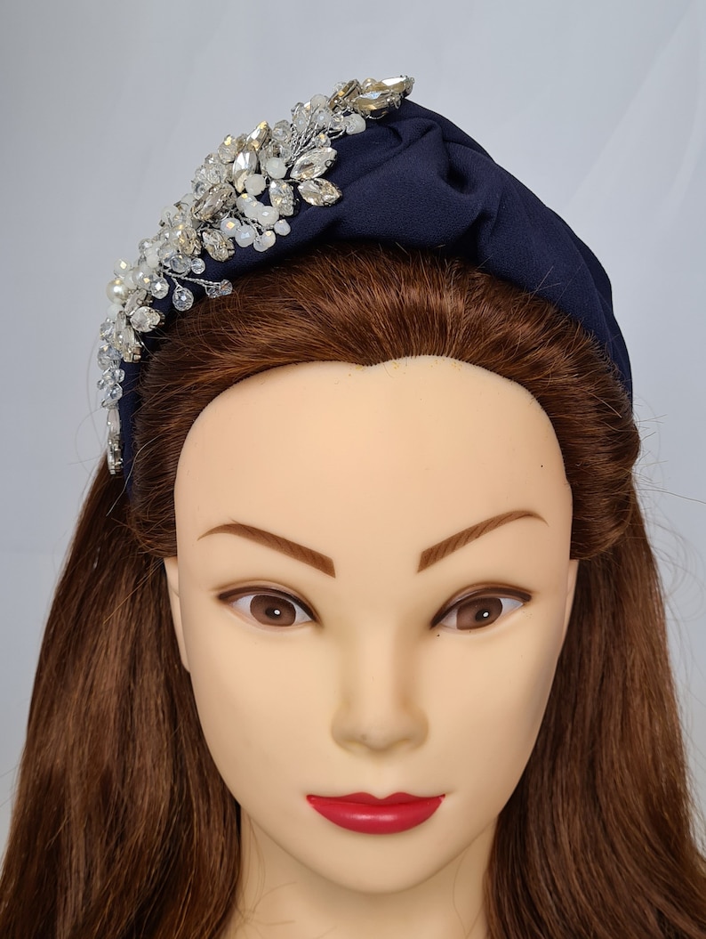 Navy Padded Puffy Knot Headband Crystal Gemstone Beaded Embellishment ...