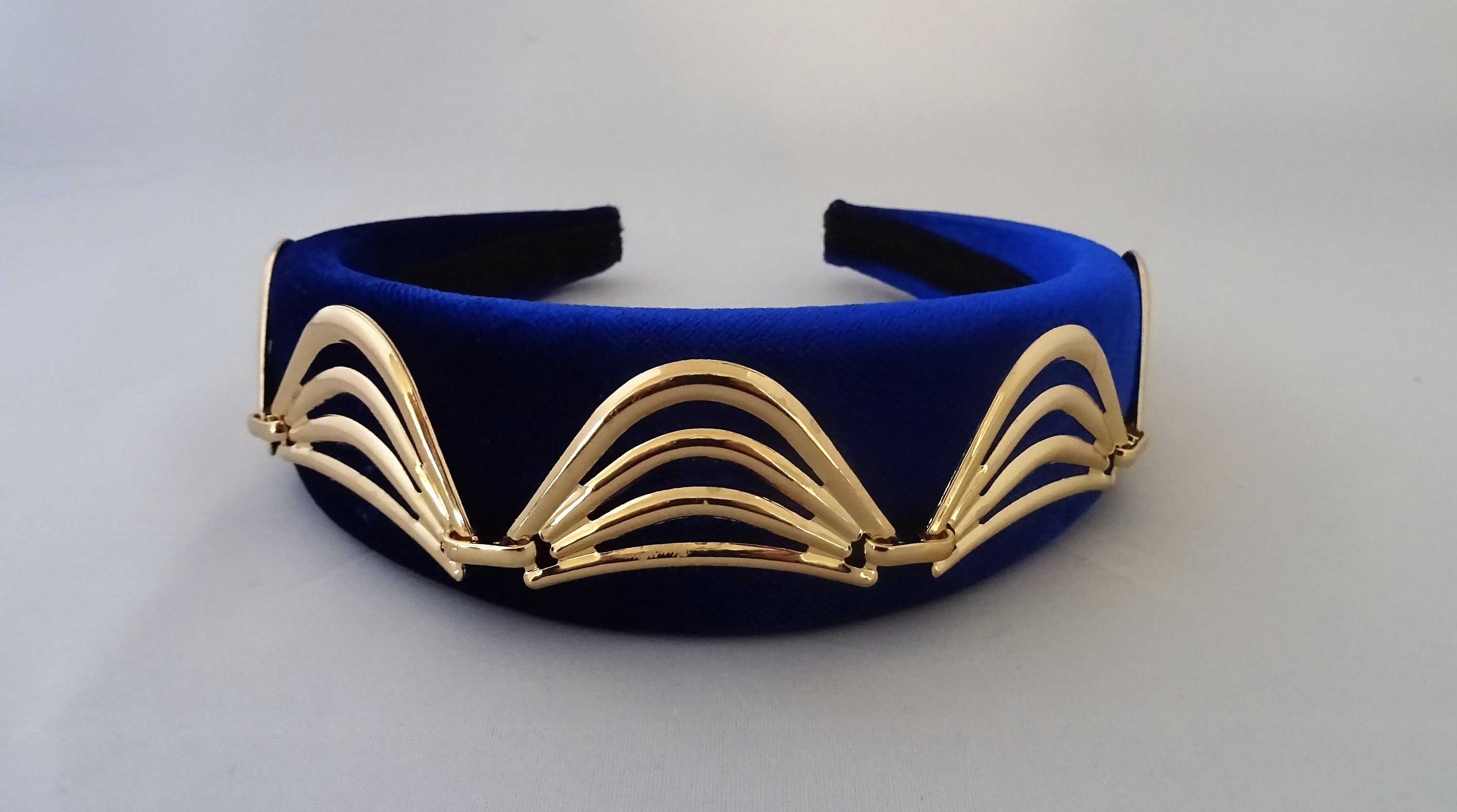 Royal Blue Velvet Gold Tone Scalloped Arch Embellished Headband Womens ...