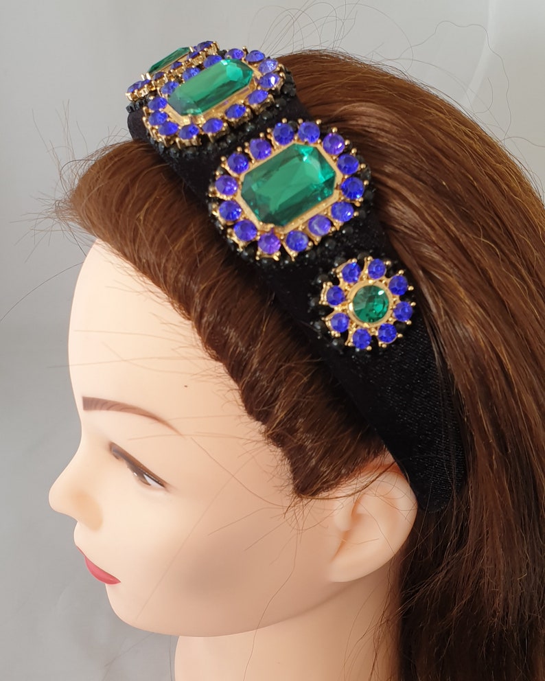 Black Padded Velvet Headband Emerald Green Glass Crystal Etsy