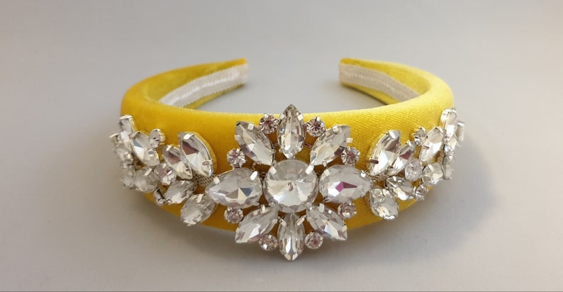 Yellow Padded Velvet Headband Glass Crystal Rhinestone Flower Etsy