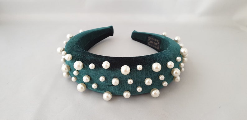 Dark Green Deeply Padded Puffy Velvet Headband Faux Pearl Etsy