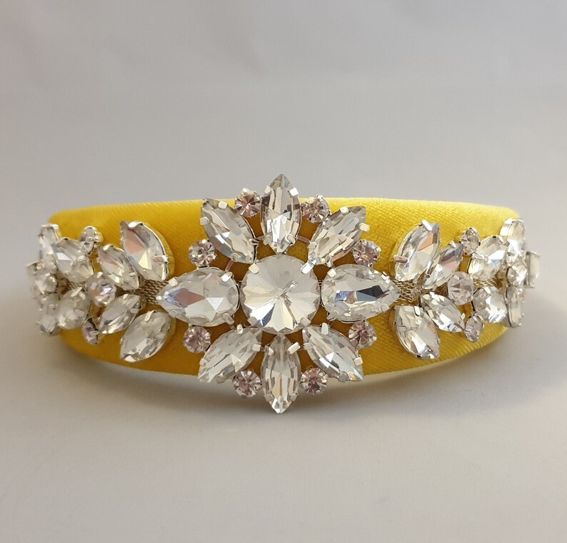 Yellow Padded Velvet Headband Glass Crystal Rhinestone Flower Etsy Uk