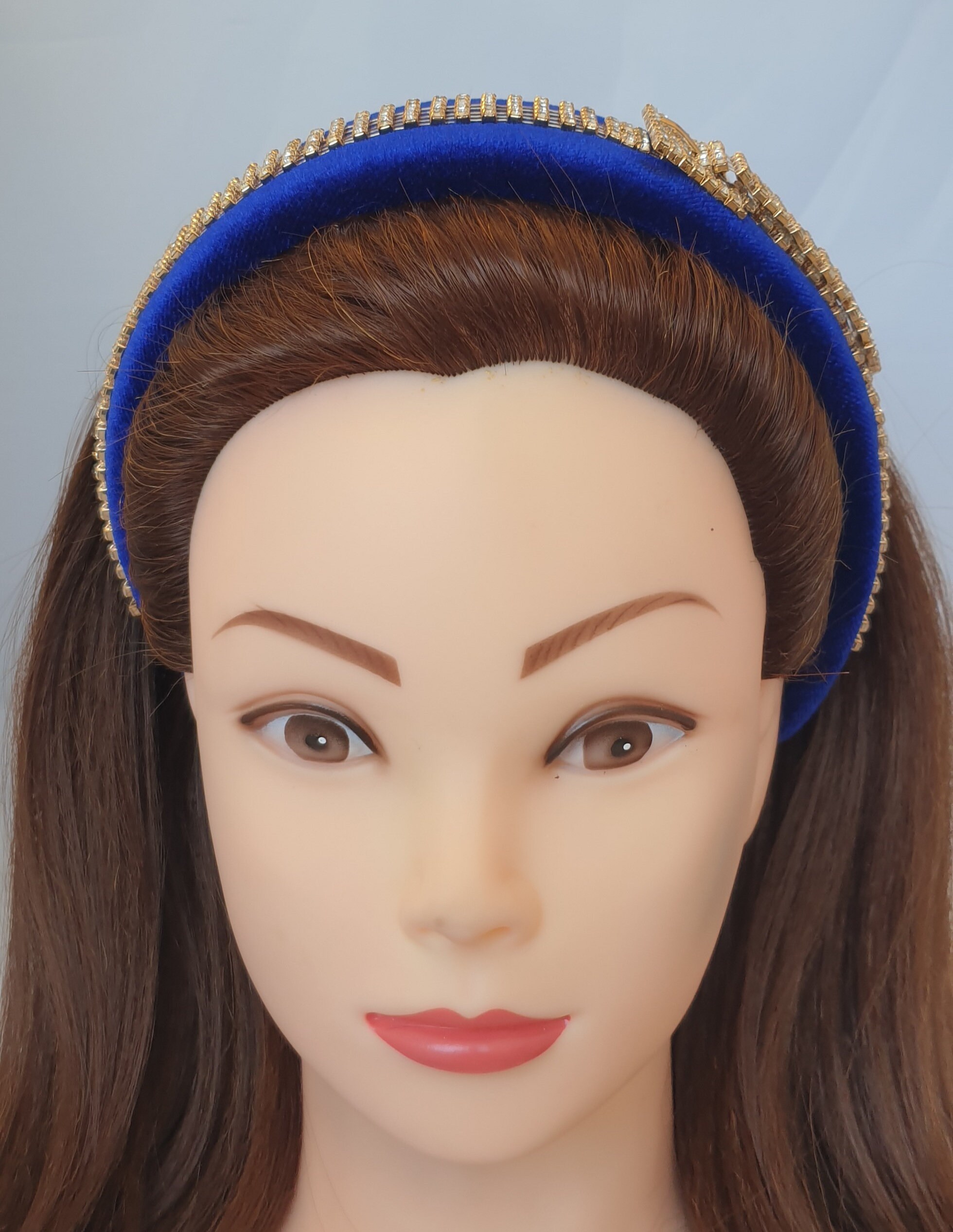 Royal Blue Padded Velvet Headband Gold Tone Crystal Diamante Etsy