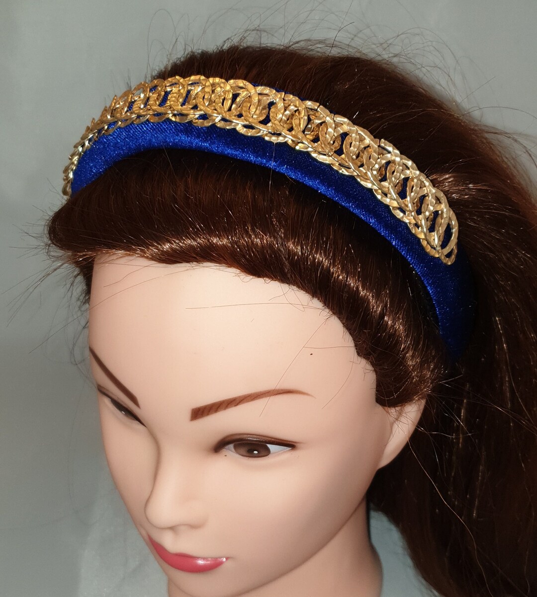 Royal Blue Padded Velvet Headband Gold Tone Chain Embellishment Womens ...