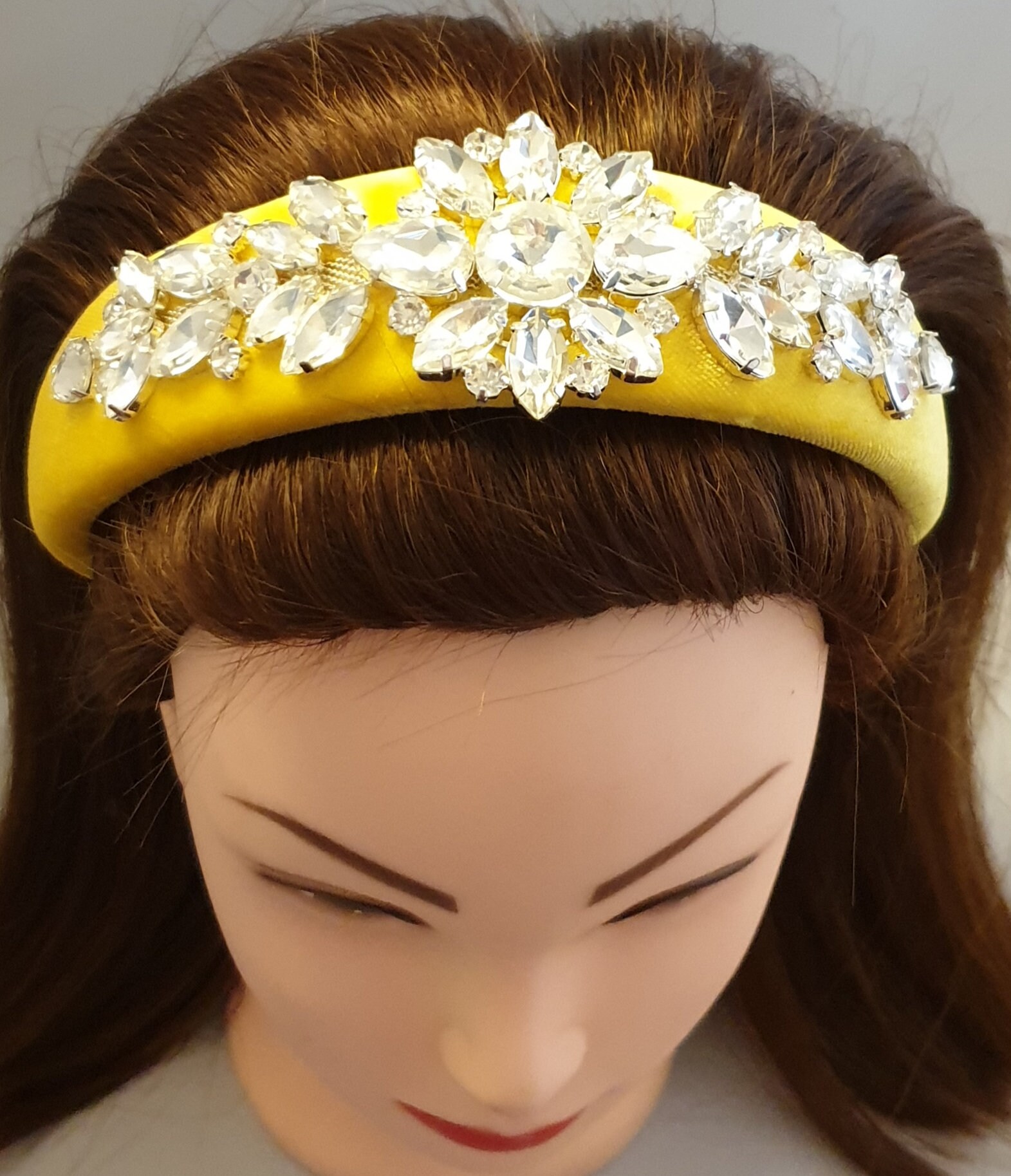 Yellow Padded Velvet Headband Glass Crystal Rhinestone Flower Etsy