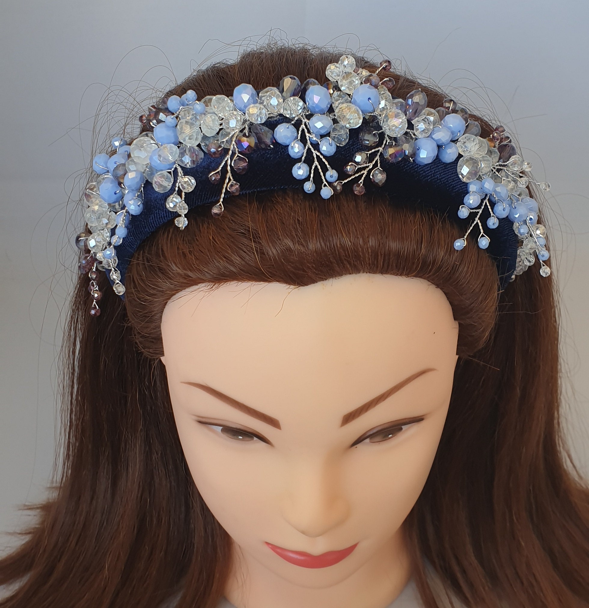 Navy Blue Padded Velvet Headband Crystal Beaded Flower Embellished ...