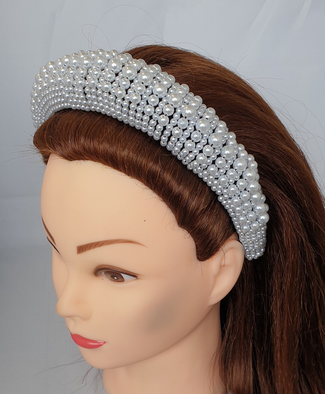 Black Deeply Padded Puffy Velvet Headband White Faux Pearl Etsy