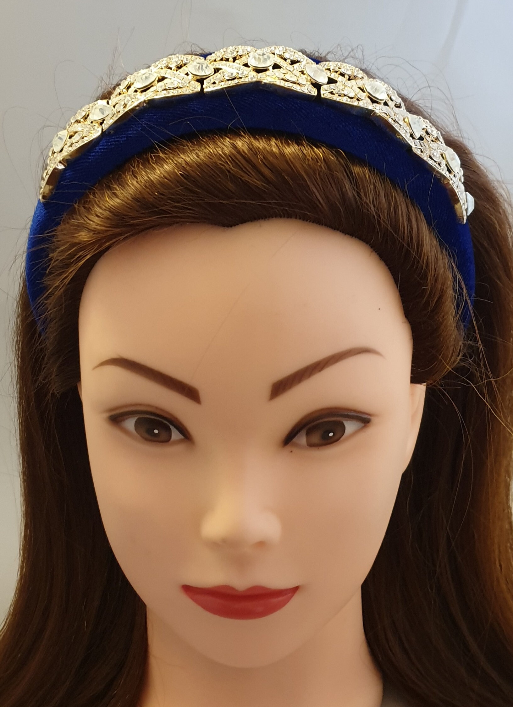 Royal Blue Padded Velvet Headband Gold Tone Crystal Diamante Etsy