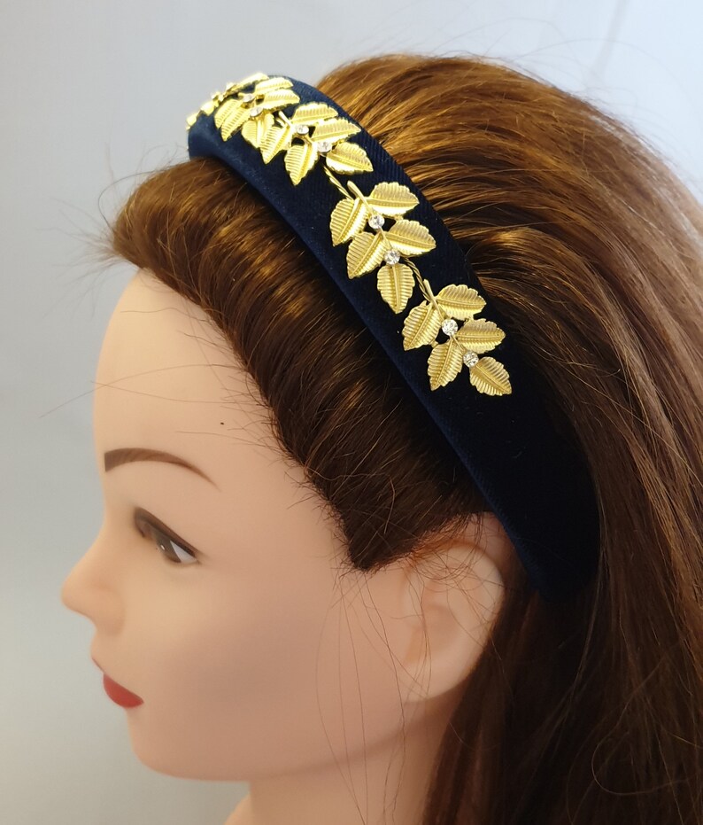 Navy Padded Velvet Headband Gold Leaf Crystal Rhinestone Embellishment ...