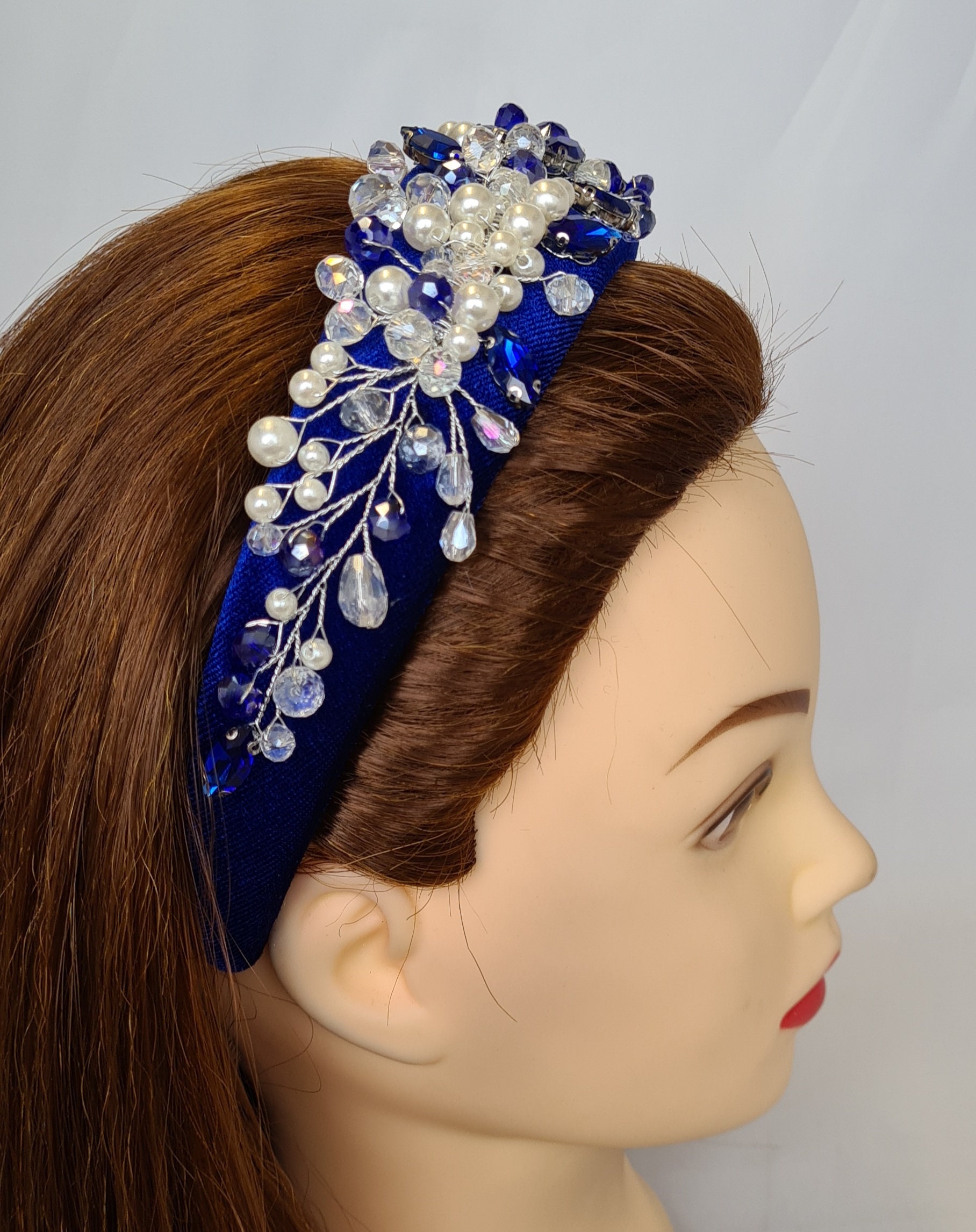 Royal Blue Padded Velvet Headband Crystal Pearl Beaded Flower Etsy
