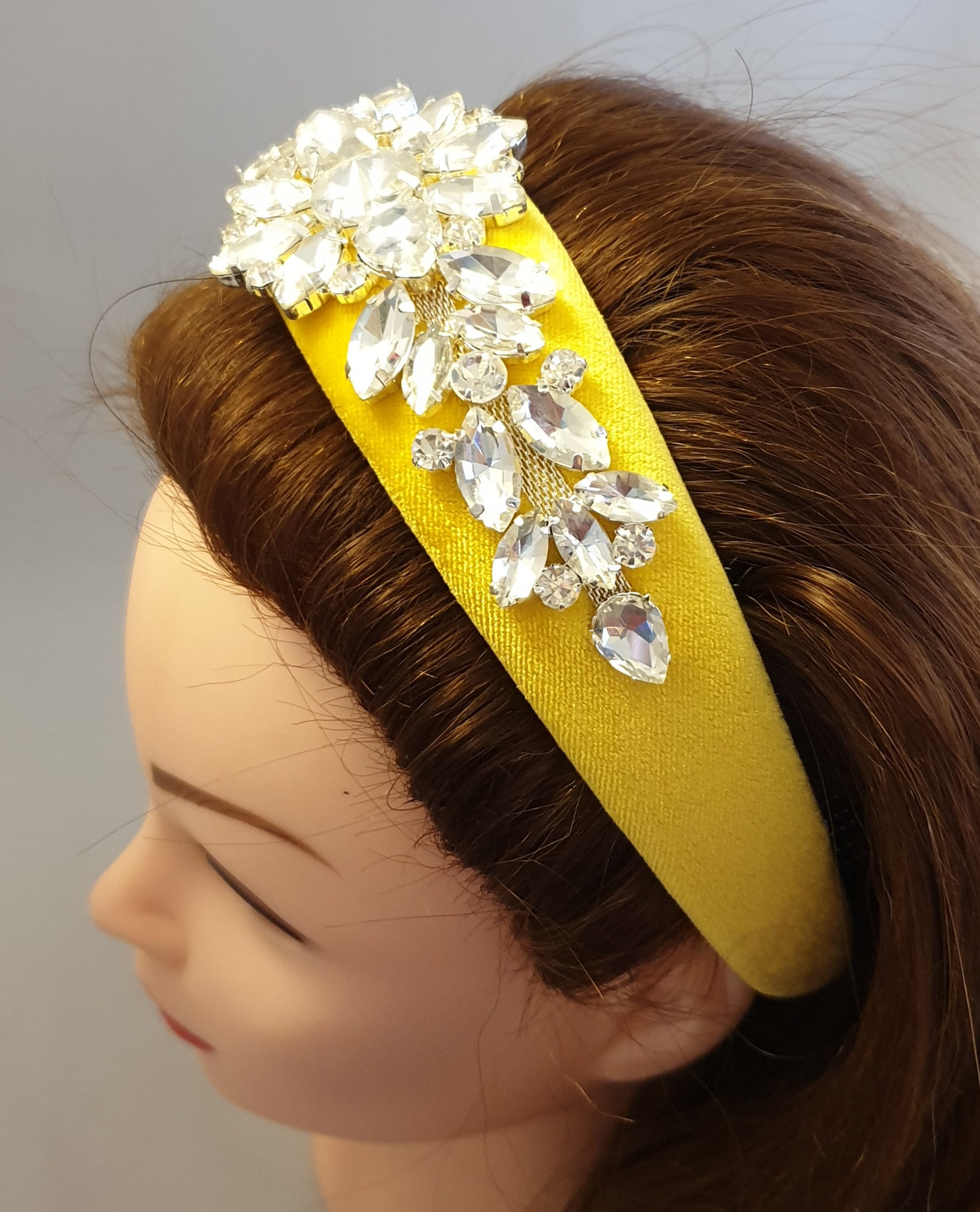 Yellow Padded Velvet Headband Glass Crystal Rhinestone Flower Etsy