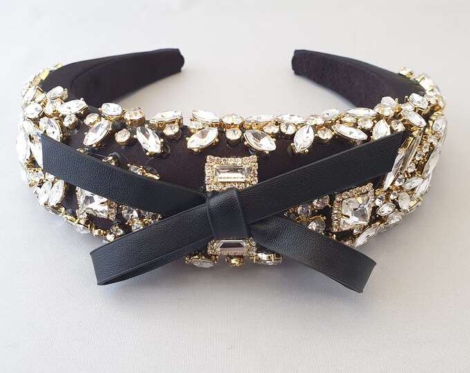 Black Deeply Padded Puffy Headband Crystal Diamante Embellishment